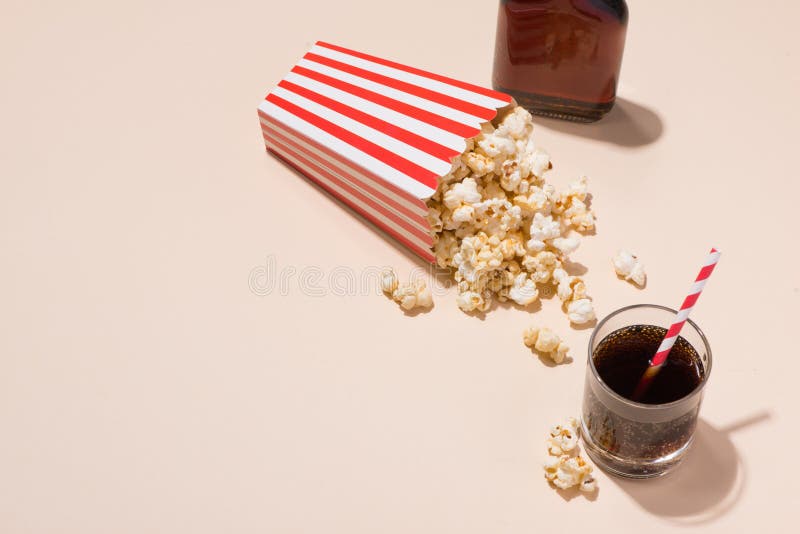 Popcorn in Red and White Cardboard with Glass of Soda Stock Image ...
