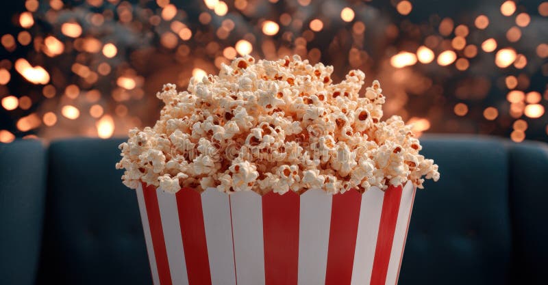 Popcorn in a Red and White Striped Box with Blurred Lights in the ...