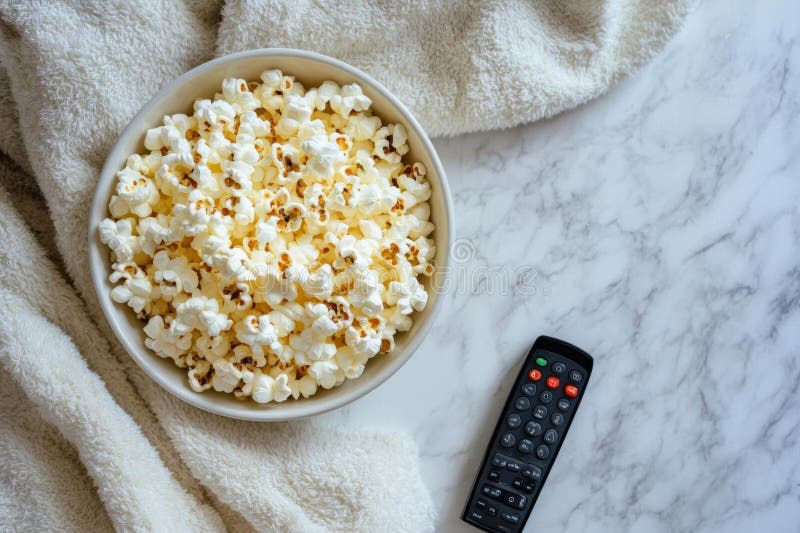 Popcorn, Remote, and a Cozy Blanket - Movie Night Essentials Stock ...