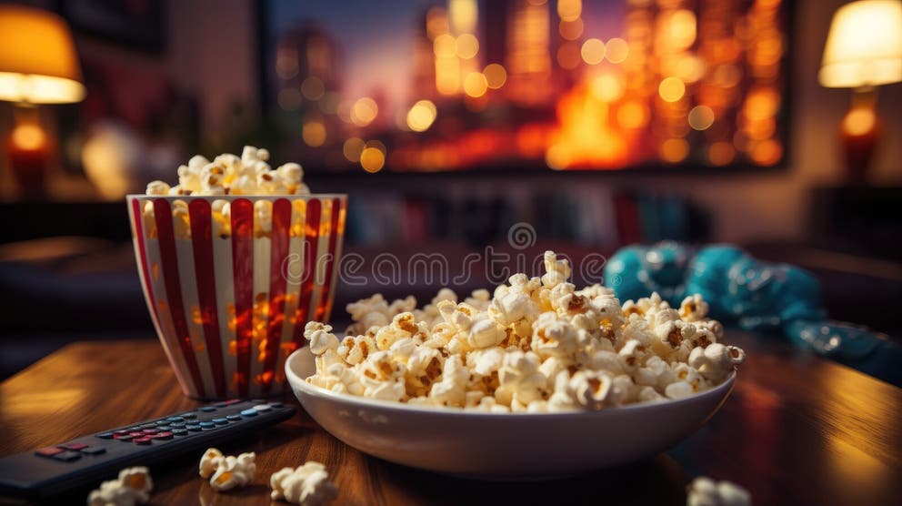Popcorn and Remote on Table in Front of Tv. Stock Image - Image of news ...
