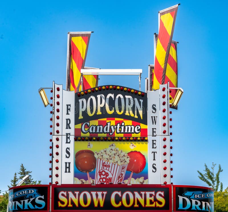 Popcorn and Snow Cones Sign Blue Sky Stock Photo - Image of leisure ...