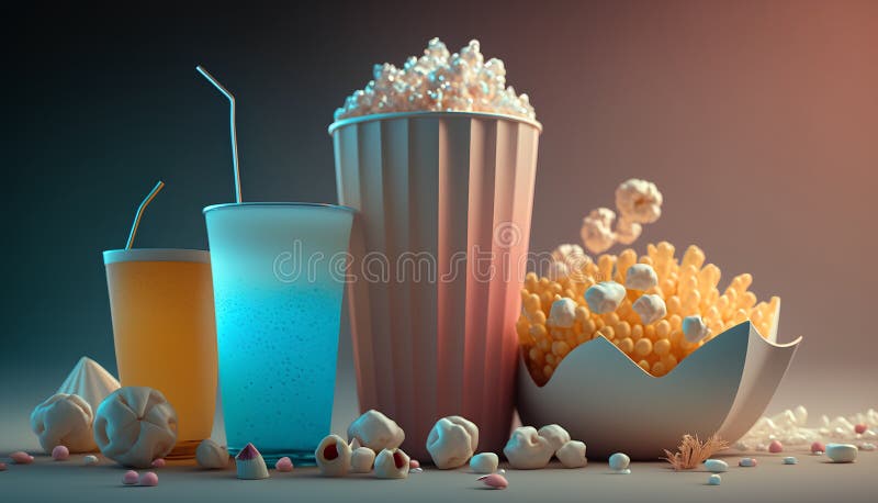 Popcorn and Soda 3d Render. Popcorn in Paper Cup Stock Illustration ...
