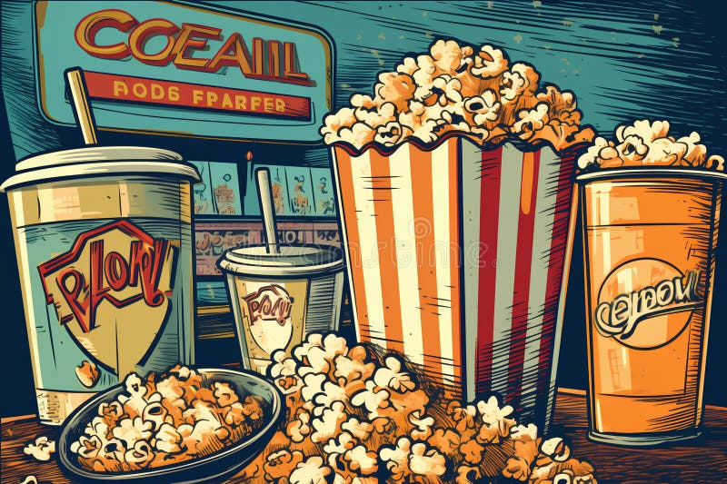 Popcorn and Soda in Paper Cups. Popcorn in Cardboard Box Stock ...