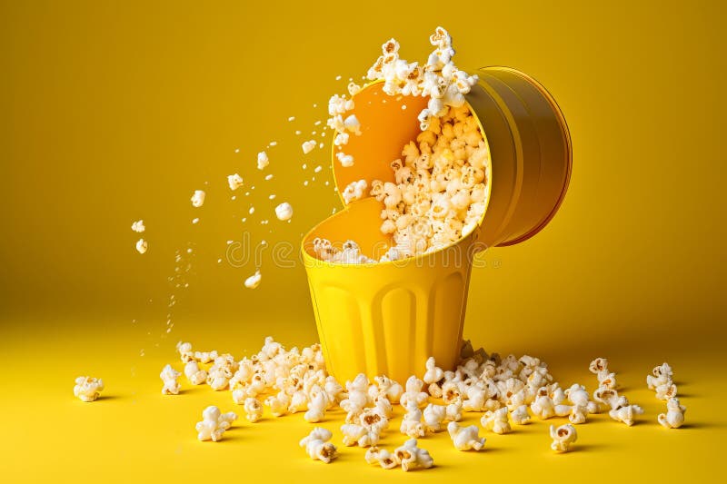 Popcorn Spilling from a Bucket on a Yellow Background Stock Photo ...