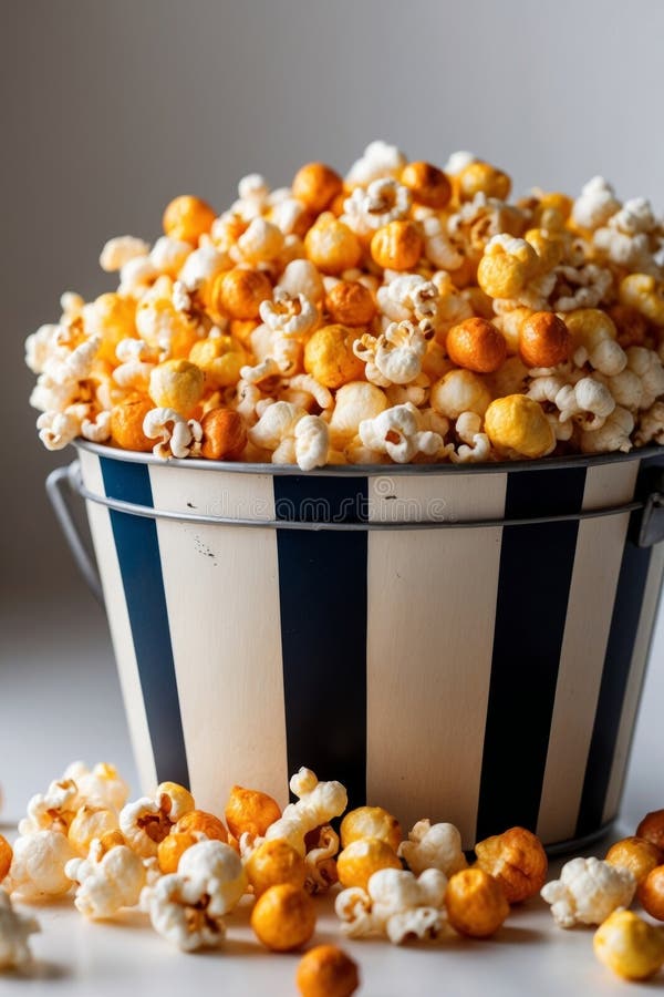 Popcorn is Spilling Out of a Striped Bucket. Stock Image - Image of ...