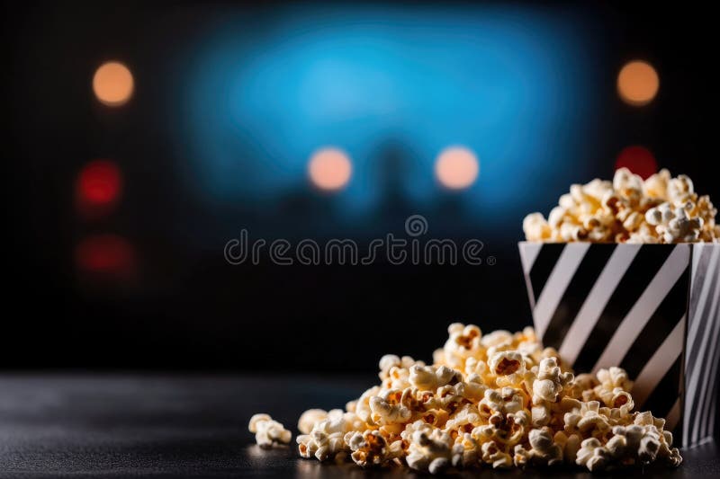 Popcorn on Table with Cinema Screen and Blurred Lights in Background ...