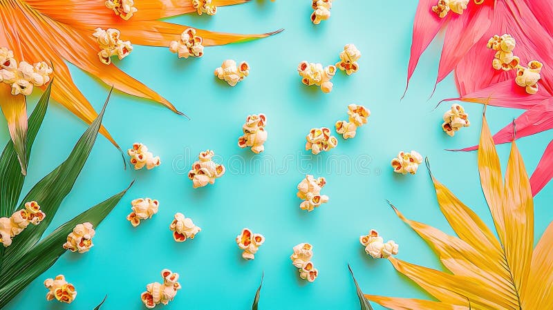 Popcorn and Tropical Leaves on a Blue Background Stock Illustration ...