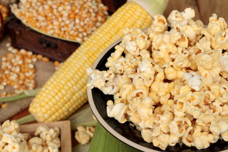Popcorn and Yellow Dry Corn Grain with Fresh Corn. Stock Image - Image ...