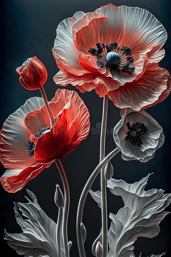 Poppies on a Black Background, Abstract Illustration, 3d Render Stock ...