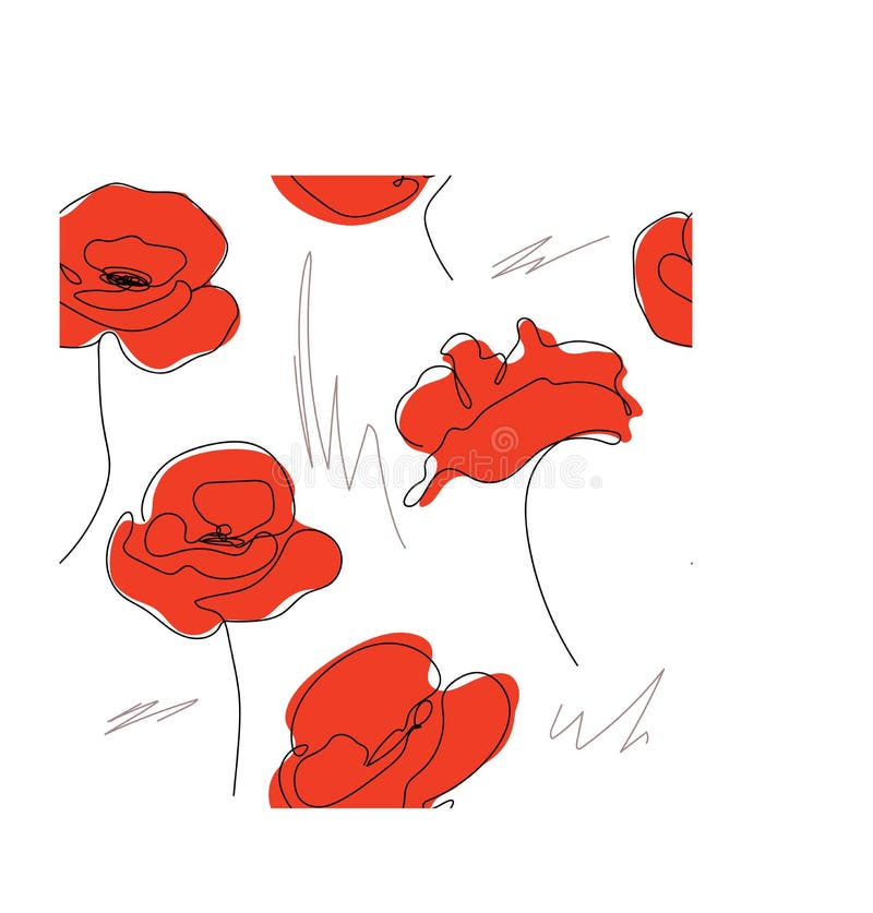 Poppies Continuous Line Drawing Seamless Texture Stock Vector