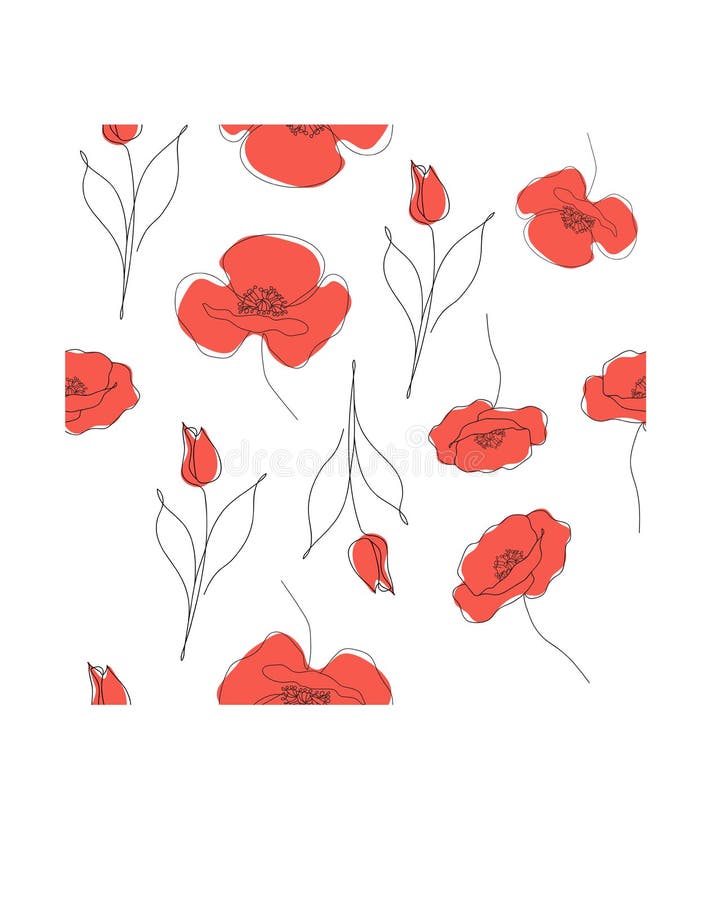 Poppies Continuous Line Drawing Seamless Texture Stock Vector