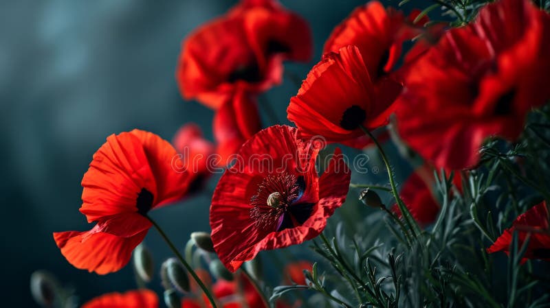 Poppies in the Field on a Dark Background. 3d Rendering Generative AI ...
