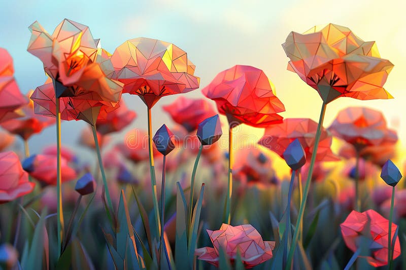 Poppies in a Field in Low Poly Art Style. Generated by Artificial ...
