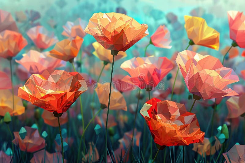 Poppies in a Field in Low Poly Art Style. Generated by Artificial ...
