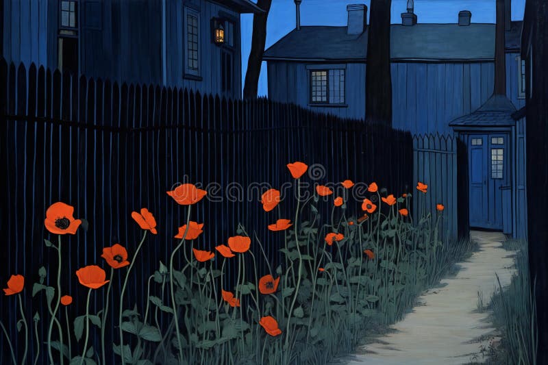 Poppies in Front of a House at Night, Digital Painting Stock ...