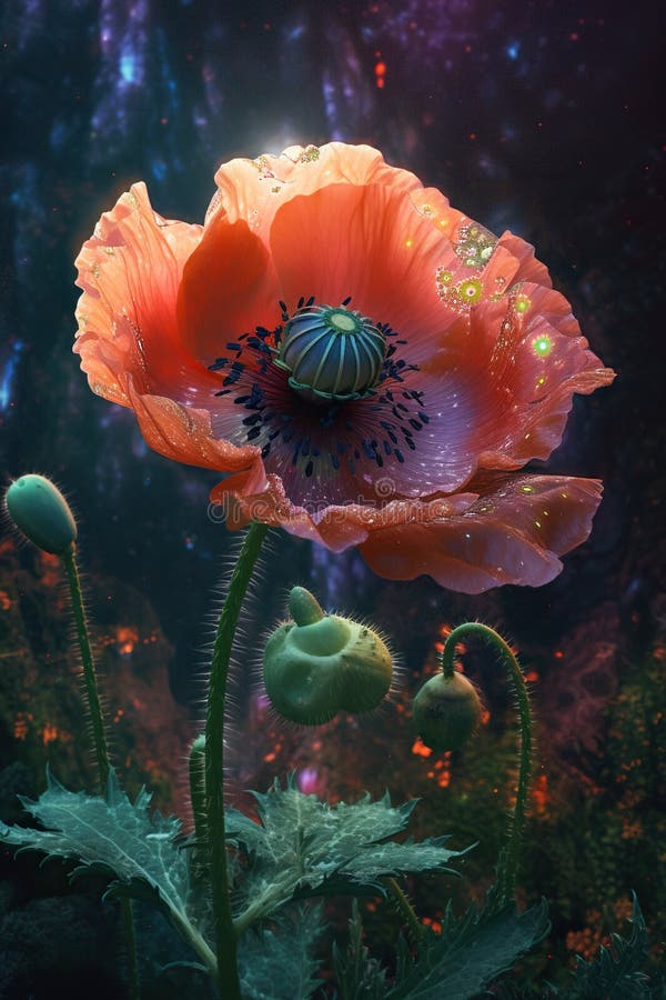 Poppy on a Dark Background with Rays of Light. Generative AI Stock ...