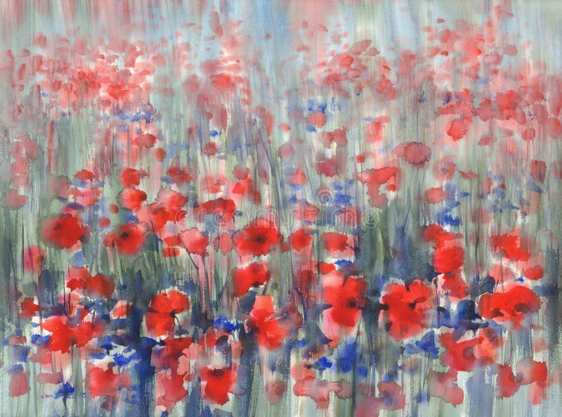 Red Poppy Field With Trees In The Sunshine Stock Image - Illustration ...