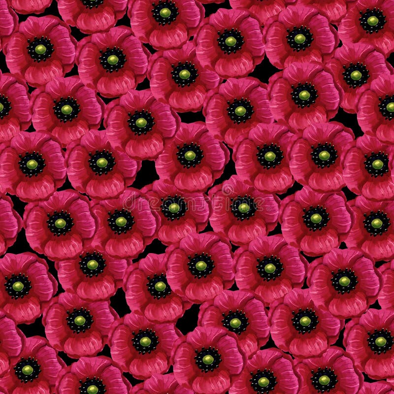 Poppy Floral Seamless Pattern Design on Dark Background Stock ...