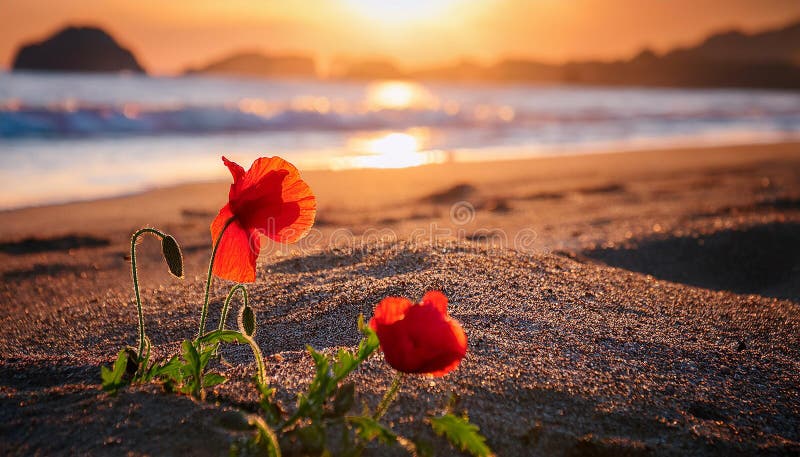 Poppy Flower on the Beach in the Early Spring Morning. Warm Sunlight ...