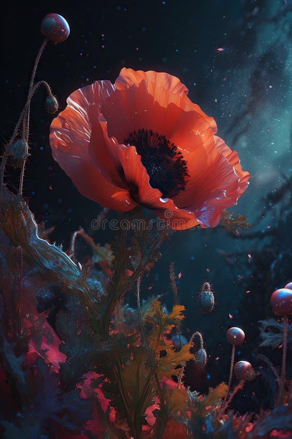 Poppy Flower on a Dark Background, Generative AI Stock Illustration ...