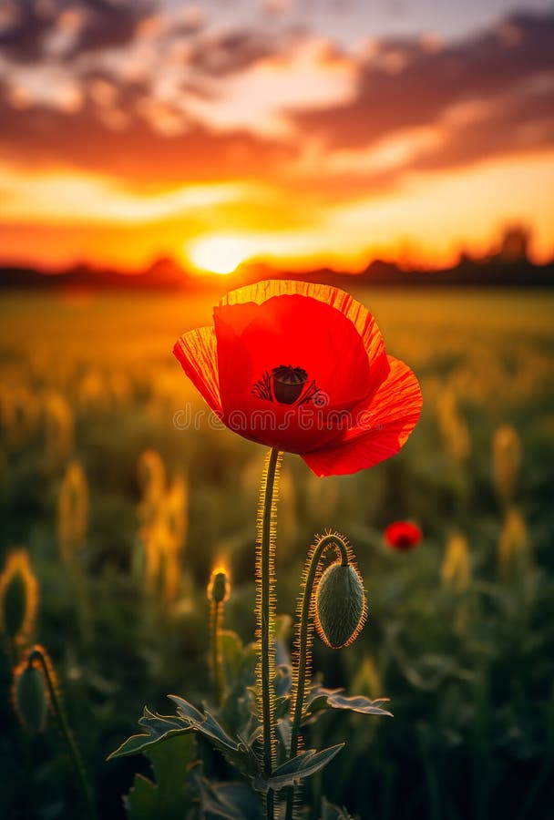 Poppy Flower. Poppy Field at Sunset and Sun in the Sky Stock Image ...