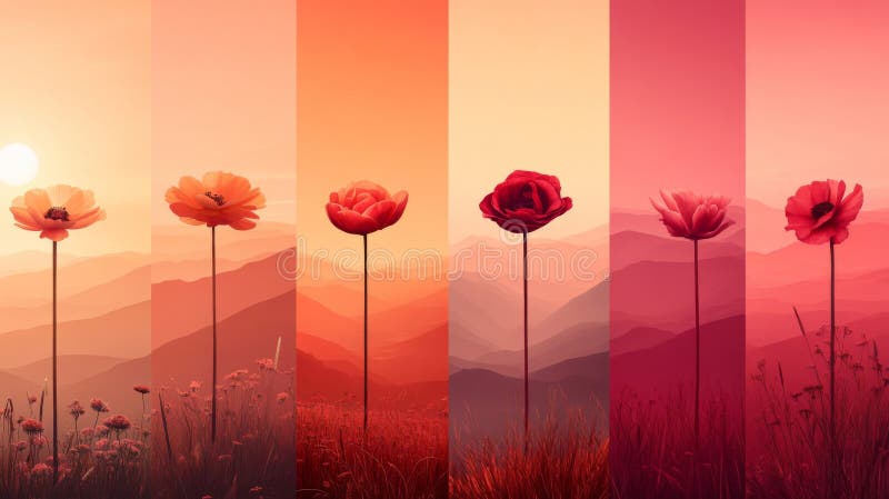 Poppy Flower Growth Stages at Sunset Over Mountains Stock Illustration ...