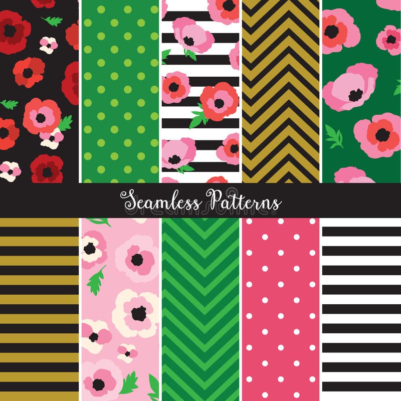 Poppy Flower Seamless Pattern Set Stock de ilustración - Ilustración de ...