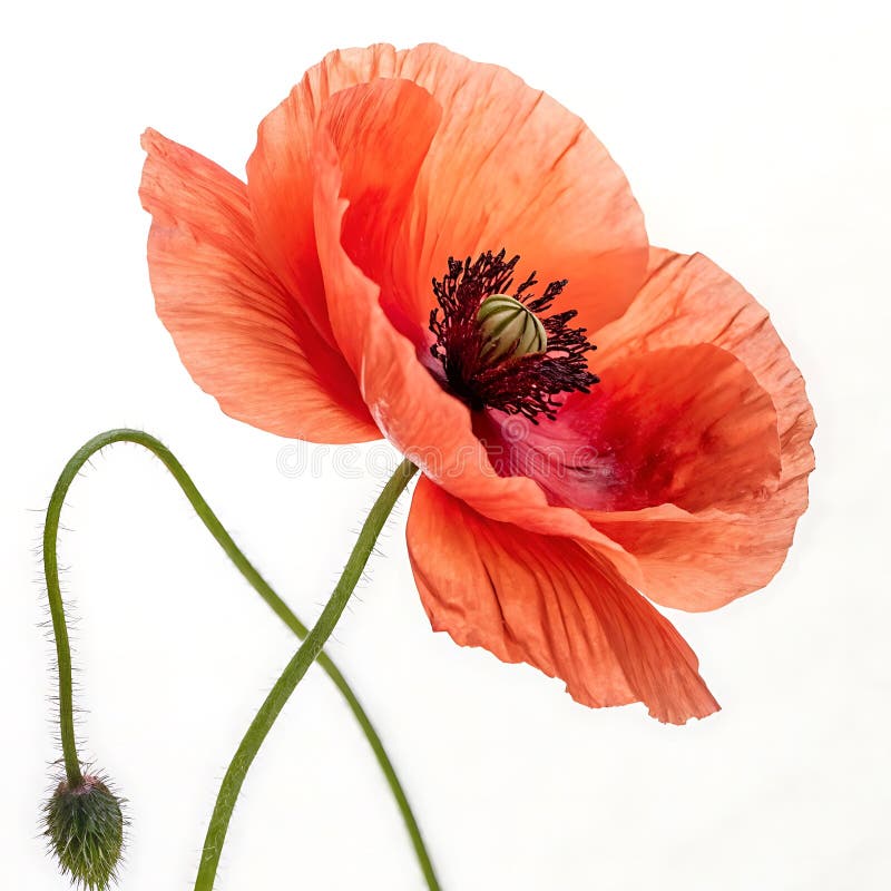 Poppy Flower in White Background Single Orange Poppy Flower with Stem ...