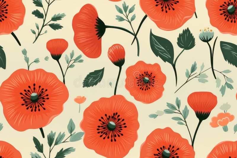 Poppy Flowers and Leaves on a Beige Background Stock Illustration ...