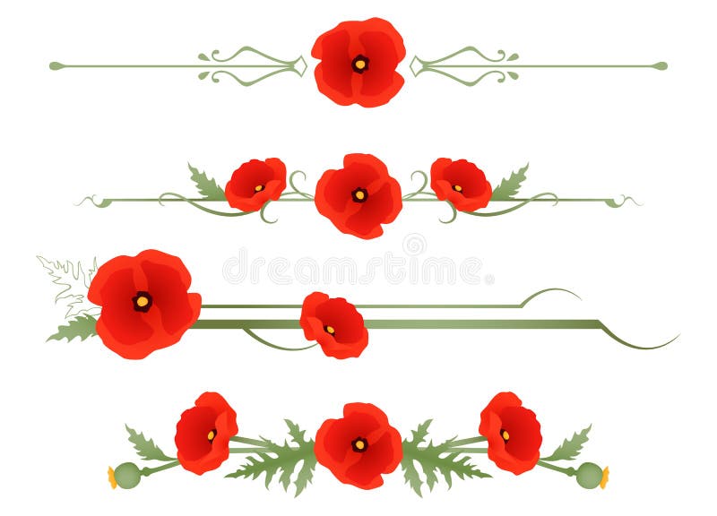A Set of Poppy Flower Themed Divider Lines Stock Vector - Illustration ...