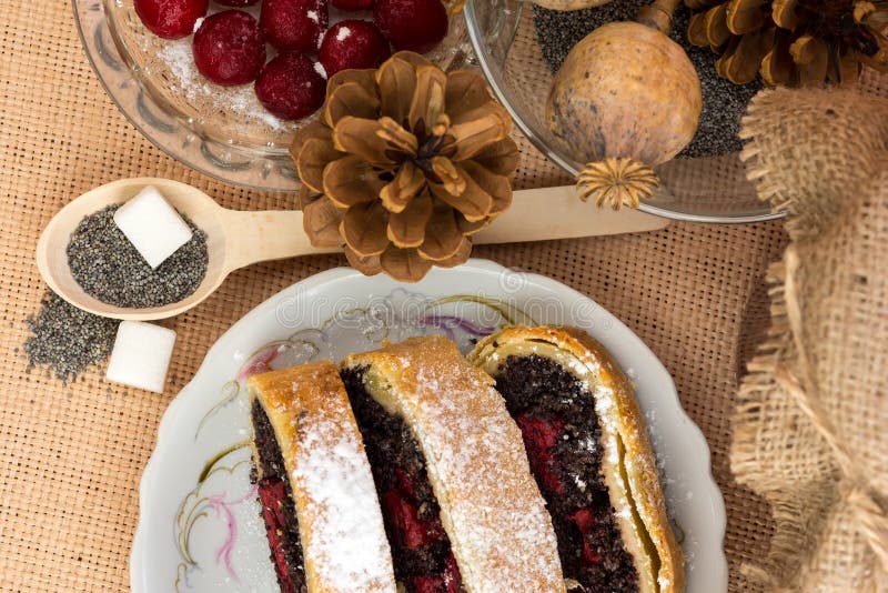 Poppy Seed Strudel with Cherry Stock Image - Image of european, macro ...