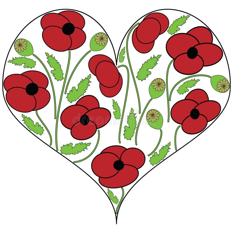 Poppy Heart. Red Flowers and Green Leaves on Heart Shape Isolated on ...