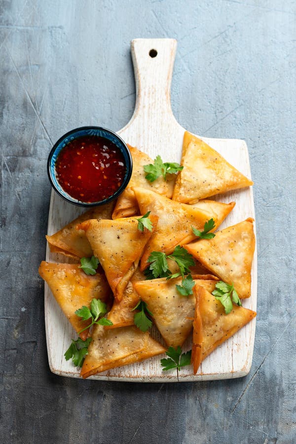 Poppy Seeds Vegetable Samosa Served with Sweet Chilli Sauce Stock Image ...