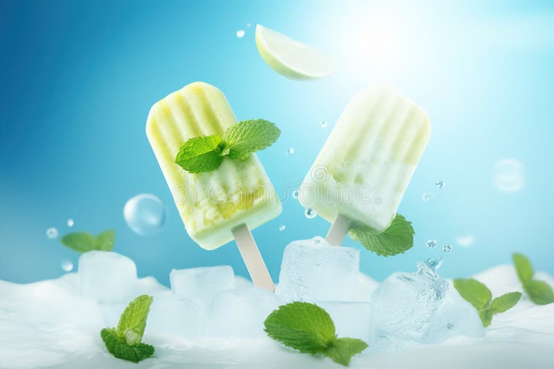 Popsicle with Lime and Mint on a Blue Background with Ice Cubes and ...