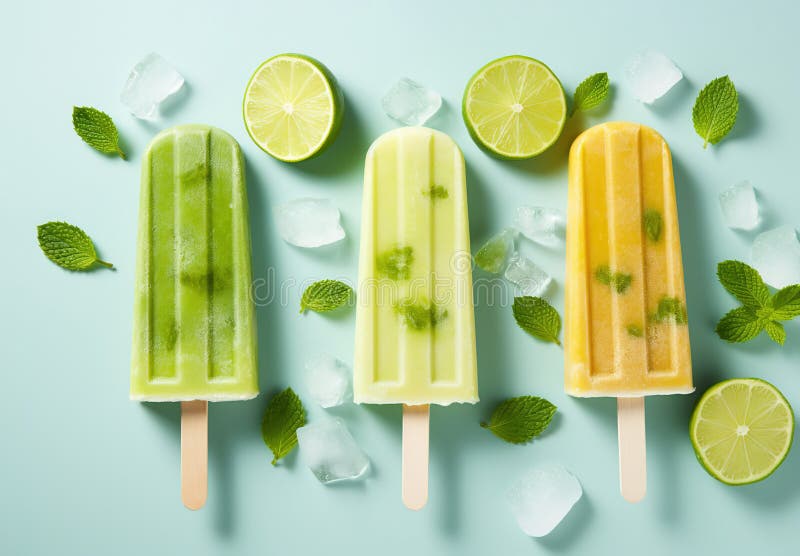 Popsicle with Lime and Mint on a Blue Background with Ice Cubes and ...