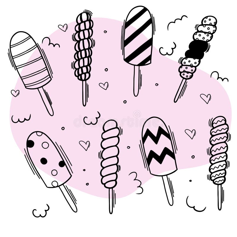 Popsicles Doodle Style Set Isolated Black Outlines Sweets Seamless