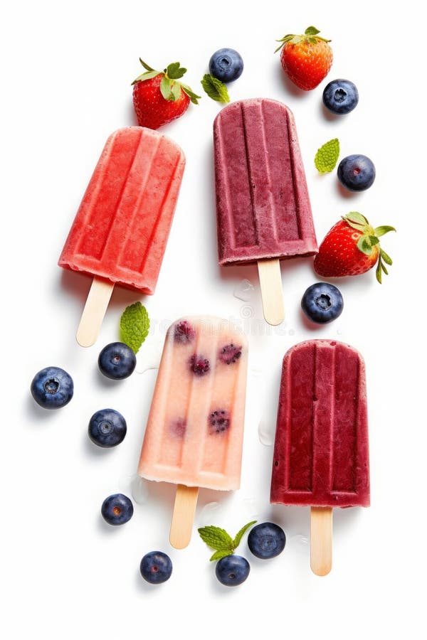 Variety of Berry Flavors of Popsicles Overhead View on White Background ...