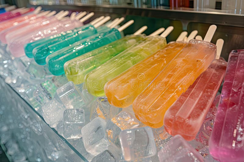 Popsicles of Various Colors and Flavors in a Tray Full of Ice Stock ...