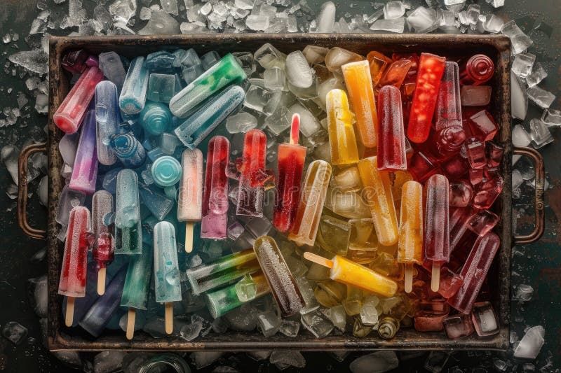 Popsicles of Various Colors and Flavors in a Tray Full of Ice Stock ...