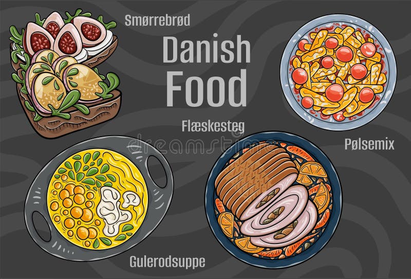 Popular Danish Traditional Cuisine Set. Hand-drawn Vector Illustration ...