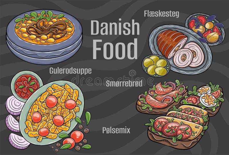 Popular Danish Traditional Cuisine Set. Hand-drawn Vector Illustration ...
