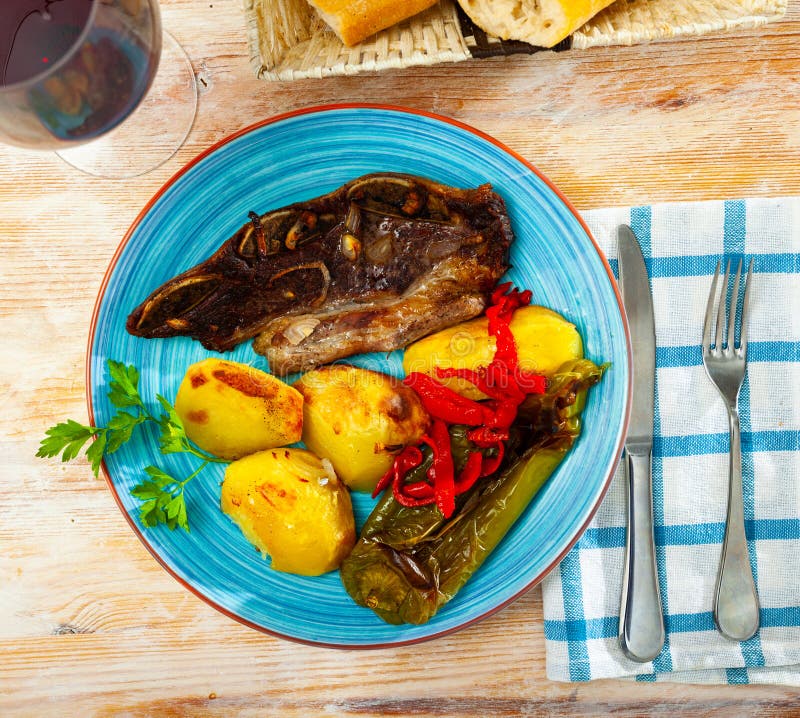 Popular Dish of Grilled Beef Churrasco, Potatoes and Peppers Stock ...