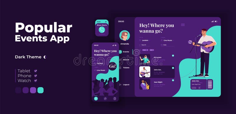 Popular Events App Screen Vector Adaptive Design Template. Clubbing ...