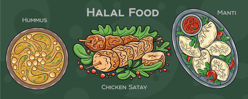 Popular Halal Cuisine Set. Hand-drawn Vector Illustration on a Dark ...