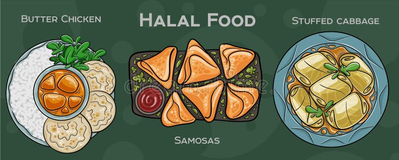 Popular Halal Cuisine Set. Hand-drawn Vector Illustration on a Dark ...