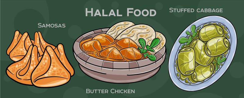 Popular Halal Cuisine Set. Hand-drawn Vector Illustration on a Dark ...