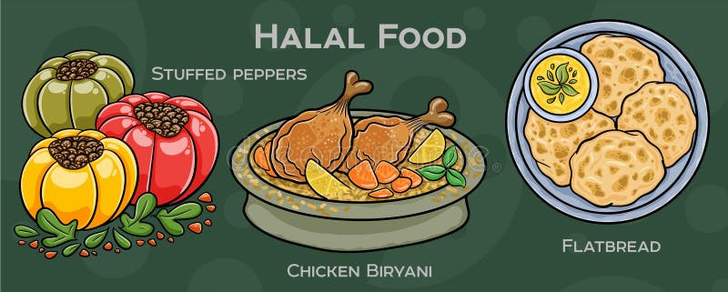 Popular Halal Cuisine Set. Hand-drawn Vector Illustration on a Dark ...