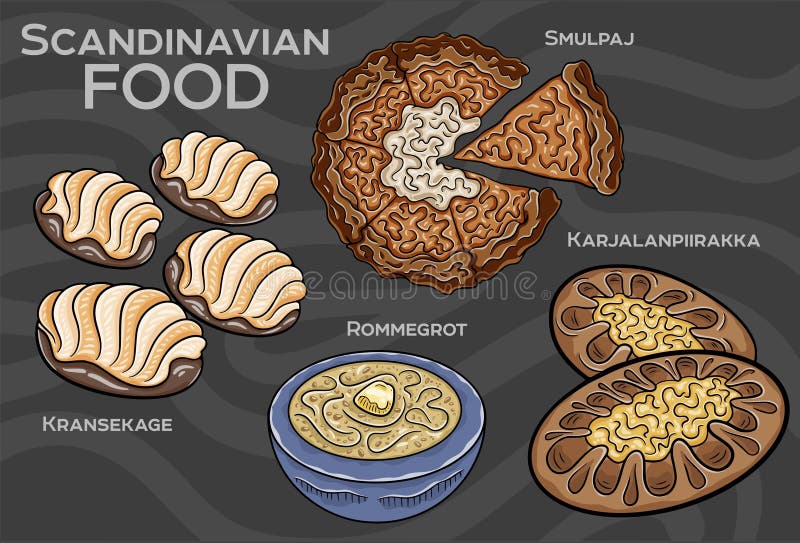 Popular Scandinavian Dishes Set. Hand-drawn Vector Illustration Stock ...