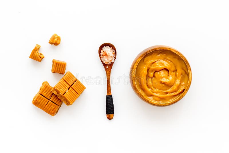 Popular Sweets. Salted Caramel on White Background Top View Stock Photo ...