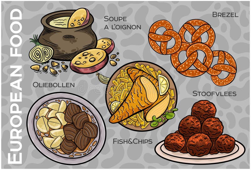 Popular Western & Central European Food Set. Hand-drawn & Vector Stock ...
